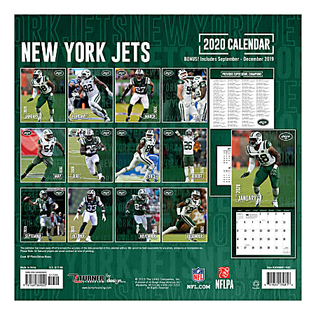 Turner Licensing Monthly Wall Calendar 12 x 12 New York Jets 2020 ...