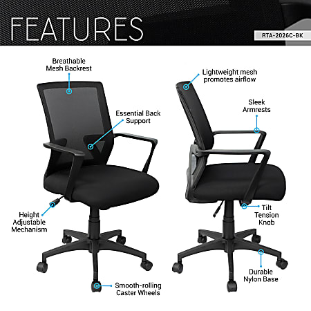 Techni Mobili RTA 2026C BK Mesh Task Chair Black Lumbar Tilt - Office Depot