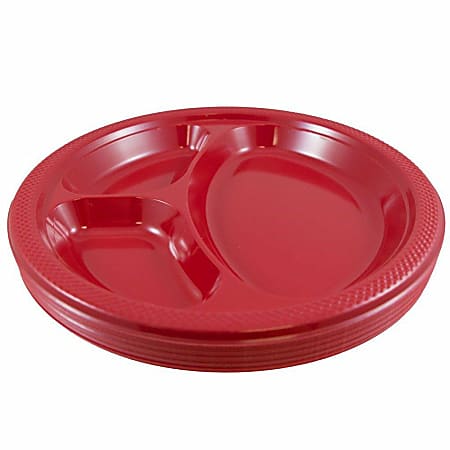 JAM PAPER Plastic 3 Compartment Divided Plates Large 10 14 inch Red ...