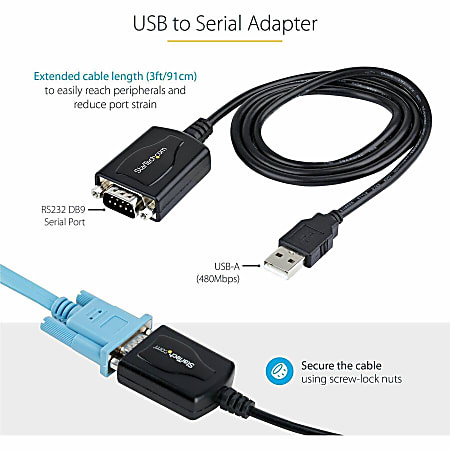 StarTech.com 3ft 1m USB to Serial Cable with COM Port Retention DB9 Male RS232 to USB Converter ...