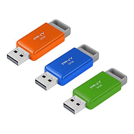 PNY USB 2.0 Flash Drives 32GB Assorted Colors Pack Of 3 Drives - Office ...