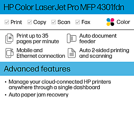HP LaserJet Pro MFP 4301fdn All In One Laser Color Printer 4RA81F ...