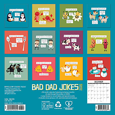 2026 Willow Creek Press Monthly Mini Wall Calendar 7 x 7 Bad Dad Jokes ...