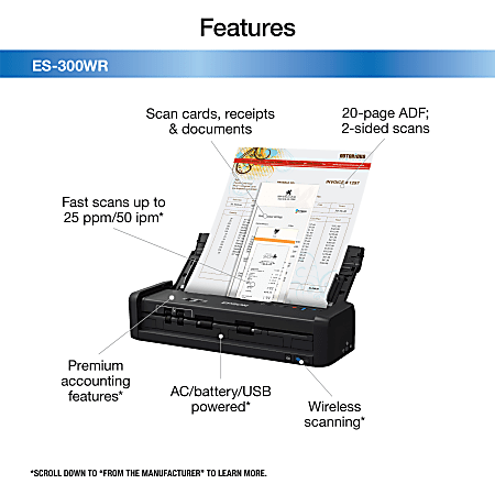 Epson WorkForce ES 300WR Wireless Color Document Scanner Accounting ...