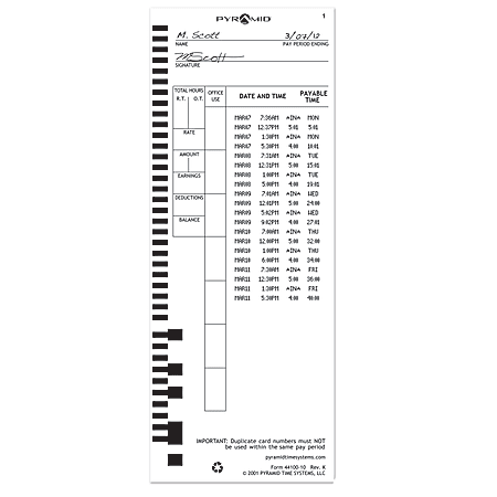 Pyramid Time System 100PK Authentic Time Cards 44100 10 4410010 ...