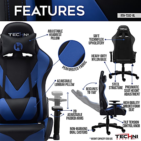 Techni Sport Ergonomic Faux Leather Computer Gaming Chair BlackBlue ...