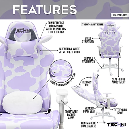 Techni Sport Cow Series Ergonomic Fabric Computer Gaming Chair Lavender ...