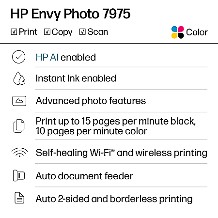 HP Envy Photo 7975 Wireless Color Inkjet Photo Printer Print scan copy ...