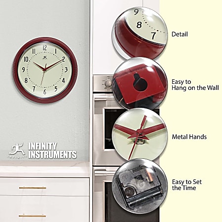 Infinity Instruments Round Retro Wall Clock 15 Red - Office Depot