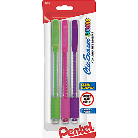 Pentel Clic Erasers Assorted Colors Pack Of 3 - Office Depot