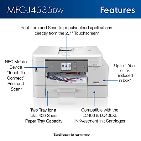 Brother MFC J4535DW INKvestment All in One Color Inkjet Printer with ...