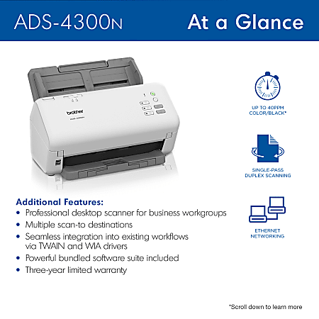 Brother ADS 4300N Professional Desktop Scanner - Office Depot