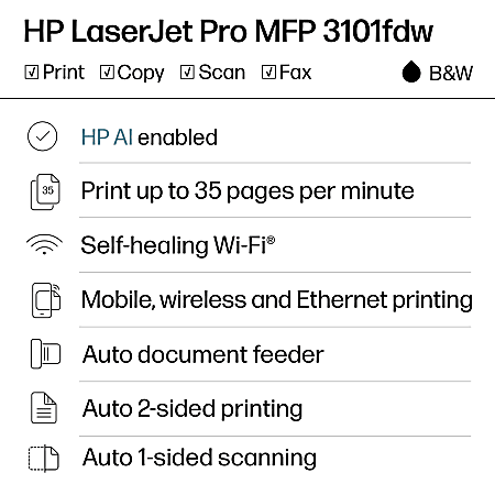 HP LaserJet Pro MFP 3101fdw Wireless Printer Print scan copy fax Fast ...