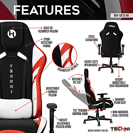 Techni Sport Echo 2.0 Ergonomic Fabric Computer Gaming Chair RedBlack ...