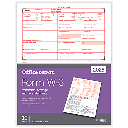Office Depot W 3 Laser Tax Forms 1 Part 8 12 x 11 Pack Of 10 Forms ...