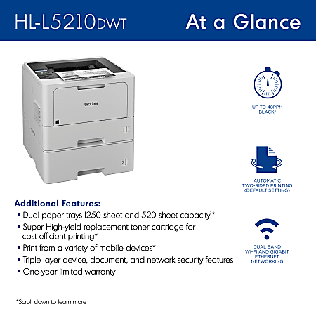 Brother HL L5210DWT Business Wireless Laser Monochrome Printer With ...