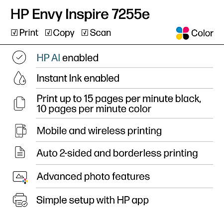HP Envy Inspire 7255e Wireless Color Inkjet Printer prints scans copies ...