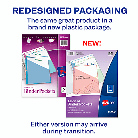 Avery Binder Pockets For 3 Ring Binders Assorted Blue Clear Green Pink ...