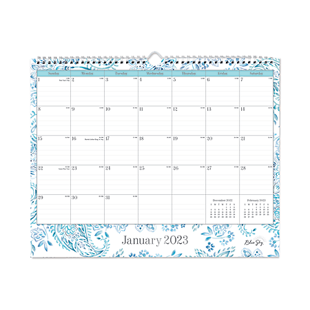 Blue Sky™ Monthly Wall Calendar, 15" x 12", Cerulean, January To ...