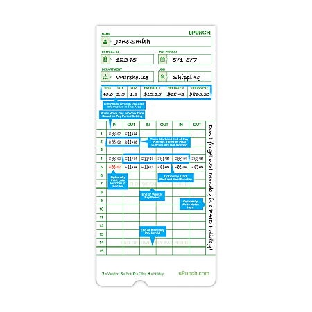 uPunch All Pay Periods Time Cards 2 Sided 3.5 x 7.5 Green Pack Of 50 ...