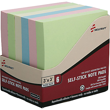 SKILCRAFT 3 x 3 30 Recycled Self Stick Notes Assorted Pastel Colors ...