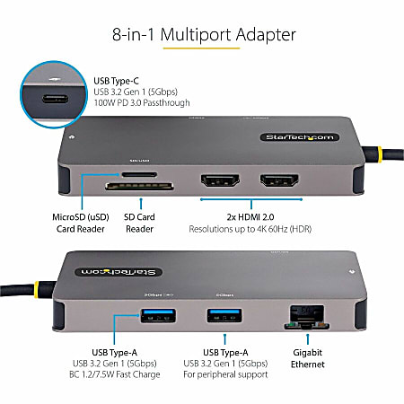 StarTech.com USB C Multiport Adapter Dual HDMI 4K 60Hz 2x 5Gbps USB A 3 ...