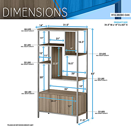 Techni Mobili 63 H Storage Rack 5 Shelf Bookcase With 2 Door Cabinet ...