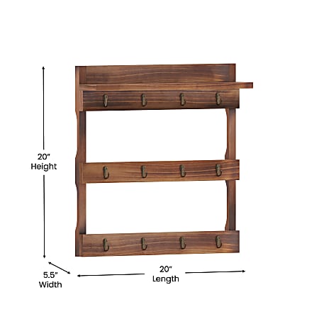 Flash Furniture Campbell Wooden Wall Mount Mug Rack Organizer With Upper Shelf And Hanging Hooks 20 H x 20 W x 5 18 D Rustic Brown Office Depot
