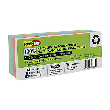 Redi Tag FSC Certified 100 Recycled Self Stick Notes 1 12 x 2 Assorted ...