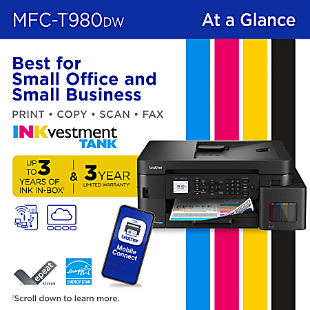 Brother INKvestment Tank MFC T980DW Wireless Color Inkjet Printer All ...