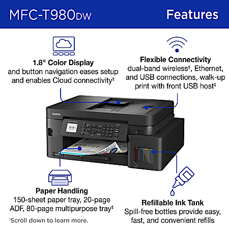 Brother INKvestment Tank MFC T980DW Wireless Color Inkjet Printer All ...