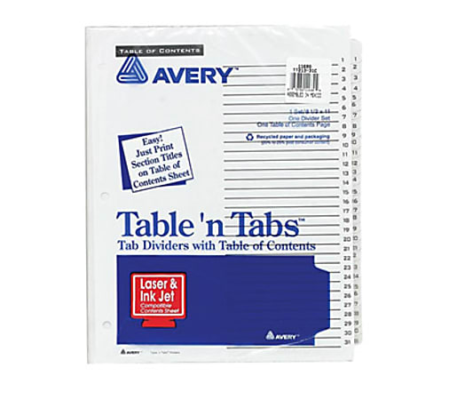Avery Office Essentials Table n Tabs Dividers 8 12 x 11 31 Tabs White ...