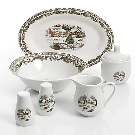 Gibson Home Christmas Toile 7 Piece Porcelain Serving Set White ...