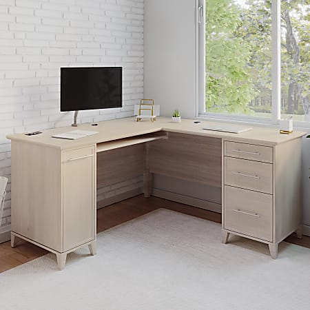 Realspace Koru 60 W L Shaped Corner Computer Desk With Integrated Power Charging Natural Oak