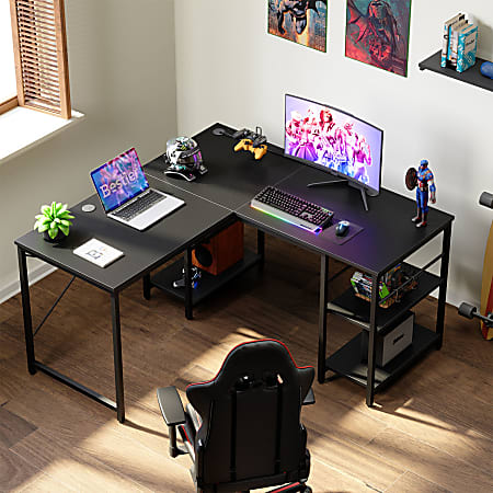 Bestier L Shaped Corner Computer Desk With Storage Shelf 3 Cable Holes ...