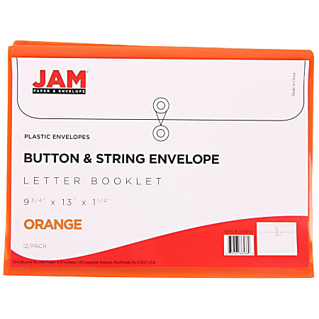 JAM Paper Booklet Plastic Envelopes Letter Size 9 34 x 13 Button String Closure Orange Pack Of ...