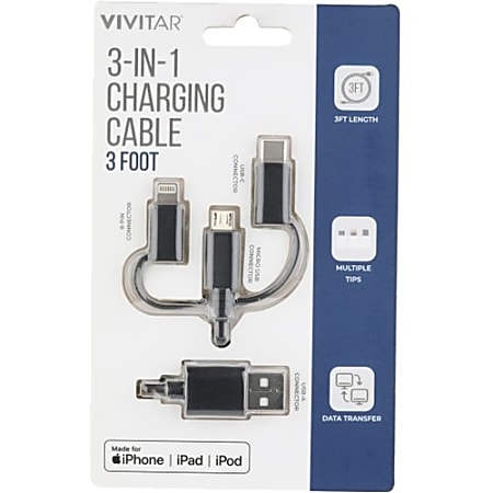 Vivitar 3 in 1 Charging Cable 3 Black NIL2001 BLK STK 24 - Office Depot