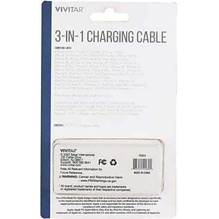 Vivitar 3 in 1 Charging Cable 3 Black NIL2001 BLK STK 24 - Office Depot