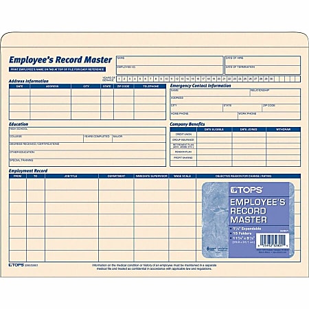TOPS Employee Record Master File Jackets 11 34 x 9 12 Manila Pack Of 15 ...