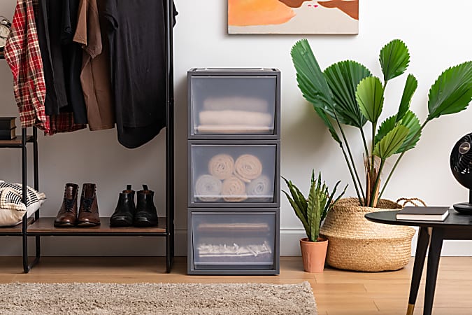 Iris Stackable Storage Bins With Drawers 14 316 x 16 18 Gray Set Of 3 ...