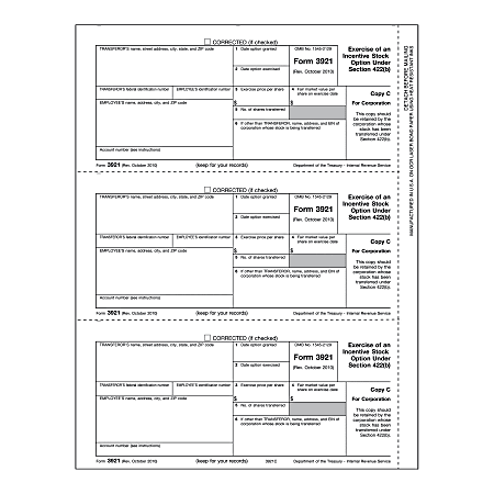 3921 Exercise Of An Incentive Stock Option Under Section 422b Copy C Cut Sheet 30percent ...