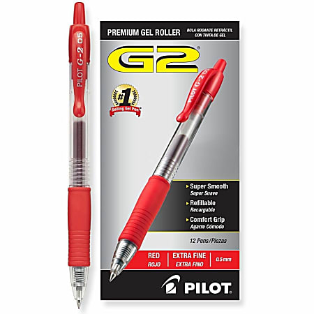Pilot G2 Retractable Gel Pens Extra Fine Point 0.5 mm Clear Barrels Red ...