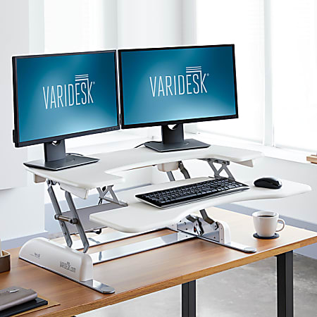 VariDesk Pro Plus 36 White Manual Standing Desk Riser 17 12 H x 36 W x 41 34 D White Office Depot