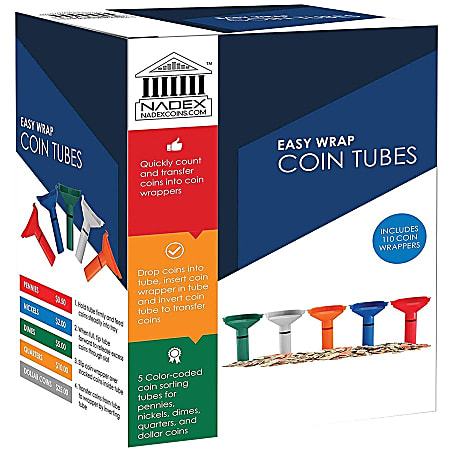 Nadex Coins Coin Counting Tube Red Blue Orange Green - Office Depot