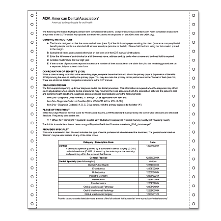 ADA Dental Claim Continuous Forms 1 Part Box Of 2500 - Office Depot