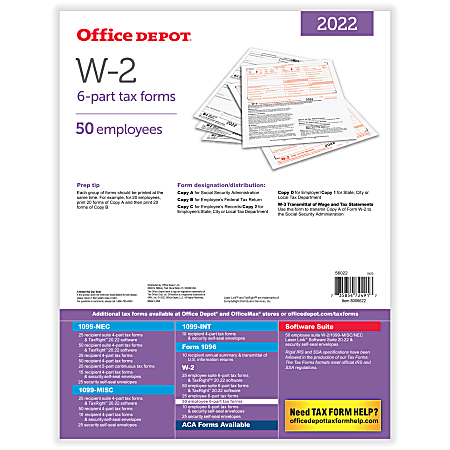 Office Depot Brand W 2 Laser Tax Forms 6 Part 2 Up 8 12 x 11 Pack Of 50 ...