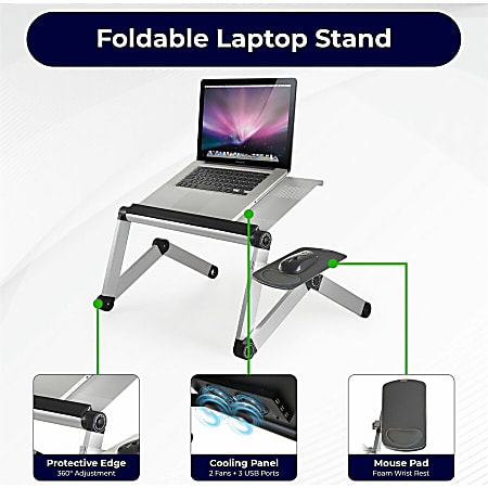 WorkEZ Cool adjustable laptop stand lap desk silver with 2 fans 3 USB ports mouse pad Raise tilt and cool laptops with this universal adjustable laptop stand with mouse pad. Perfect laptop