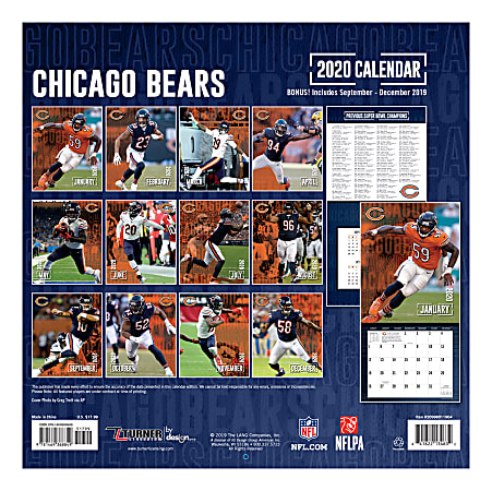 Turner Licensing Monthly Wall Calendar 12 x 12 Chicago Bears 2020 ...