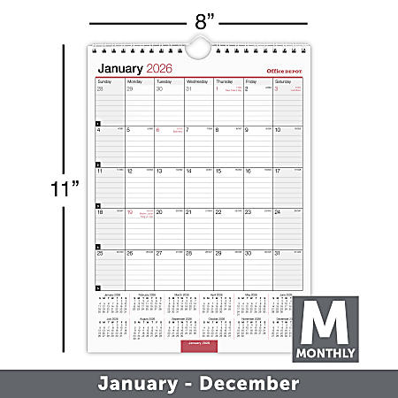 Office Depot Brand Monthly Wall Calendar 8 x 11 White January 2026 to ...