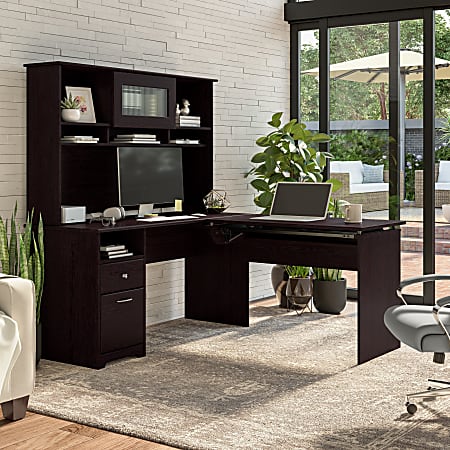 Bush Furniture Cabot 3 Position L Shaped Sit to Stand Desk with Hutch ...